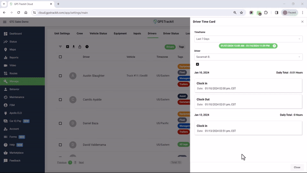 GPS Trackit Driver App: Time Card