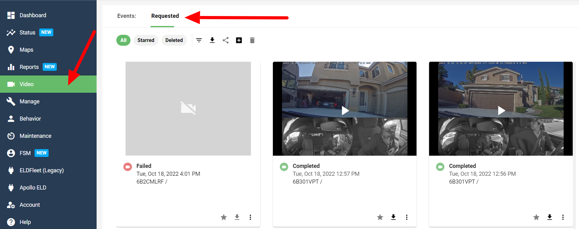 VidFleet Cameras: Video Tab