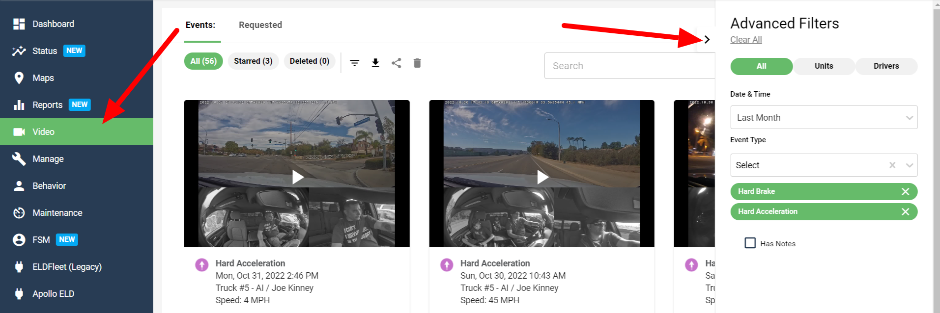 VidFleet Cameras: Video Tab